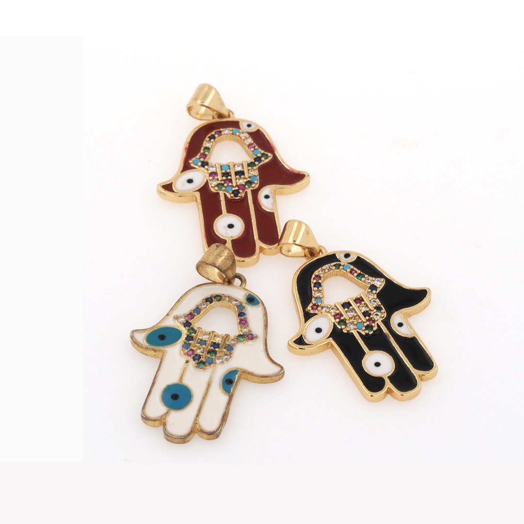 18K Hamsa Pendant Hamsa Evil Eye Charm Necklace Enamel Protection ...
