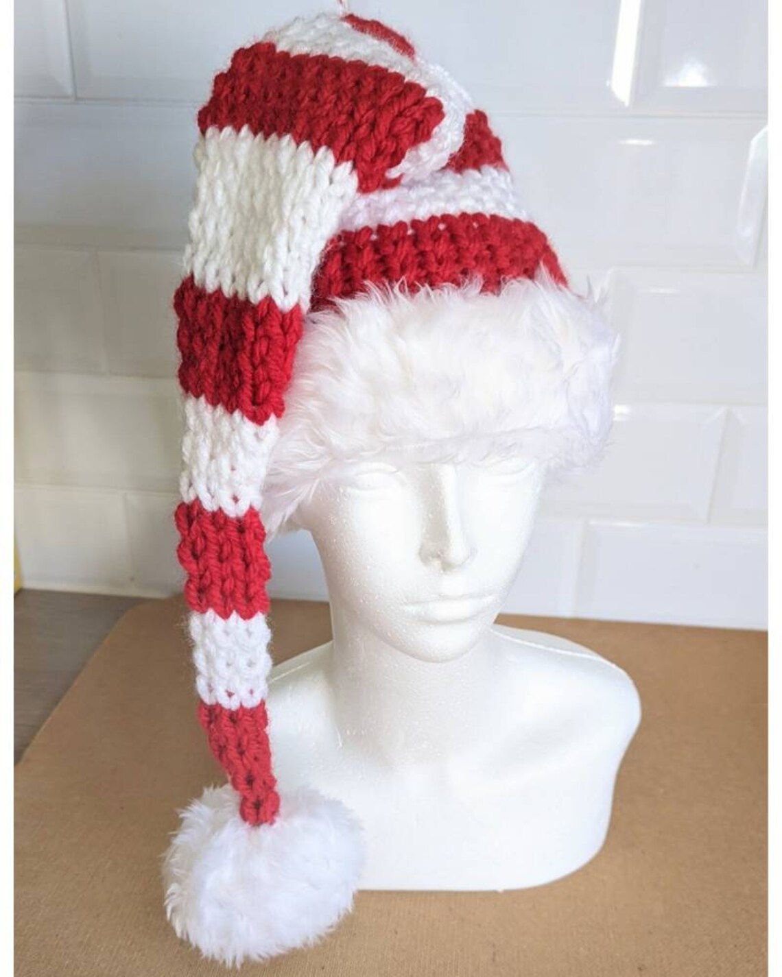 Red and White Long Tail Santa Hat, Stripey Christmas Hat, Luxury Santa ...