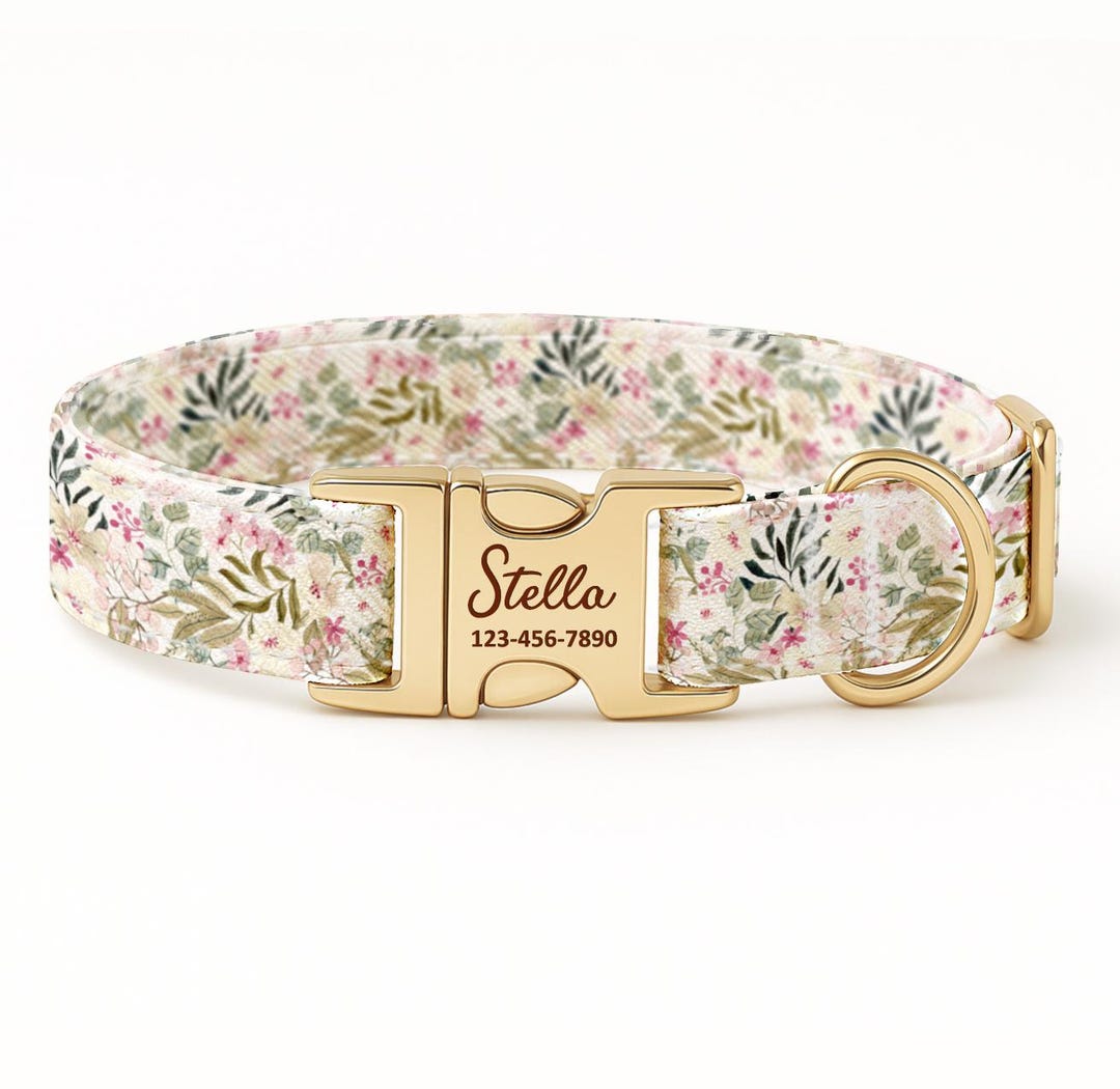 Custom Girl Dog Collar, Cream and Pink Wildflower, Metal Name Buckle ...