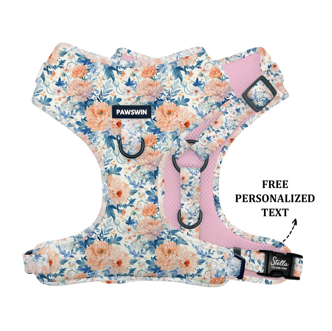 Personalized Dog Harness: Handmade Pink Peony Floral, Adjustable ...