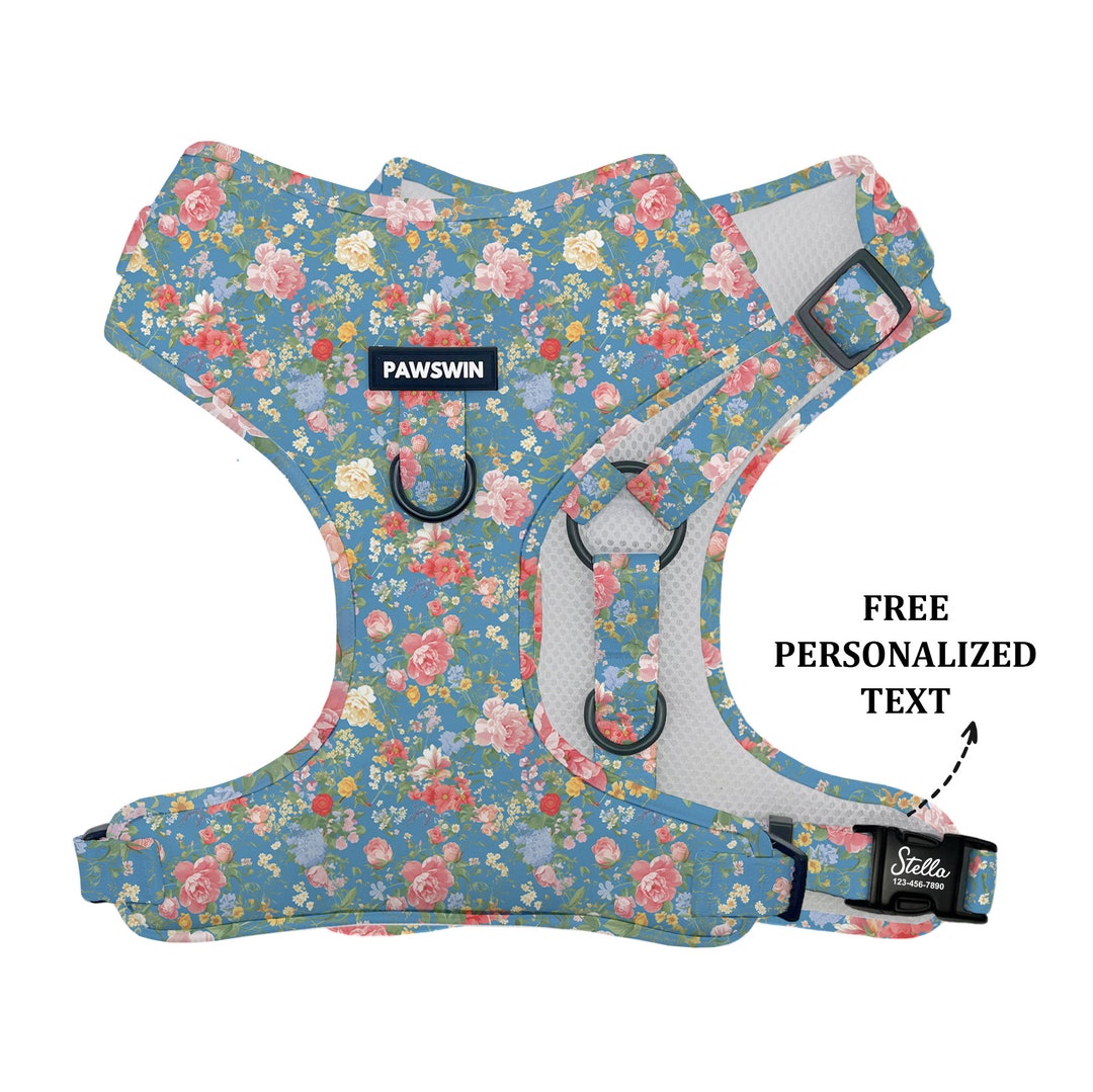 Personalized Floral Dog Harness: Custom Name Engraved, Handmade ...
