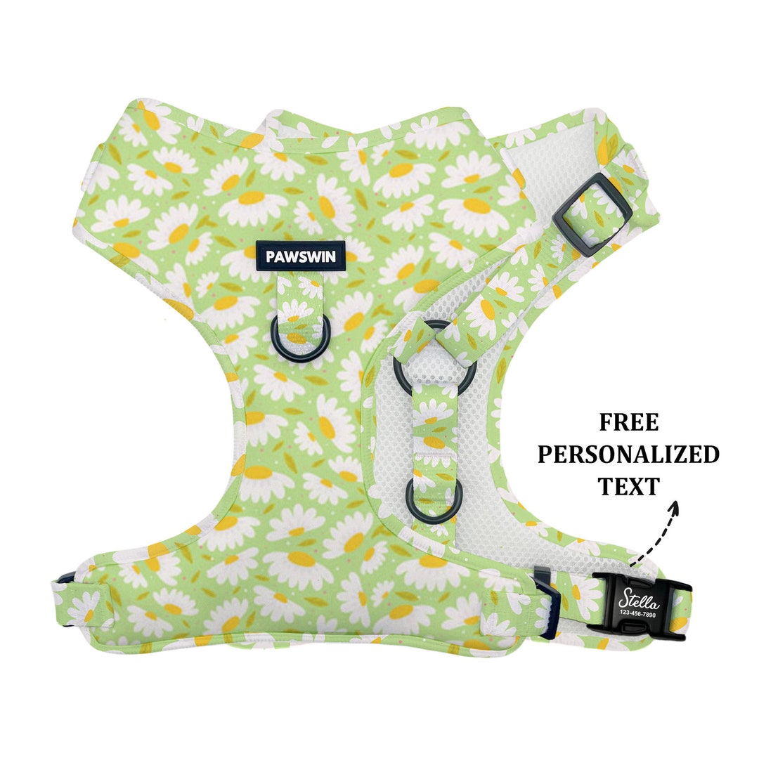 Personalized Dog Harness: Handmade Green Daisy Print, Adjustable ...