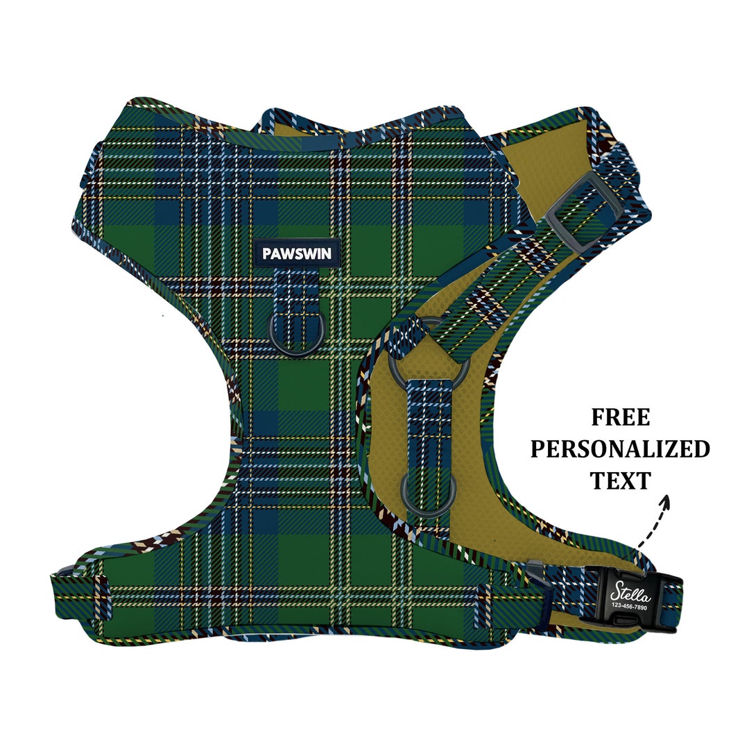 Personalized Dog Harness: Handmade Green Plaid, Metal Ring, Adjustable ...