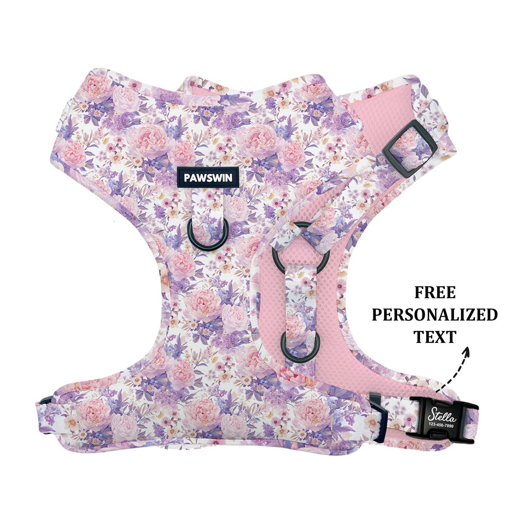 Personalized Dog Harness: Custom Name Engraved, Handmade Purple Peony ...