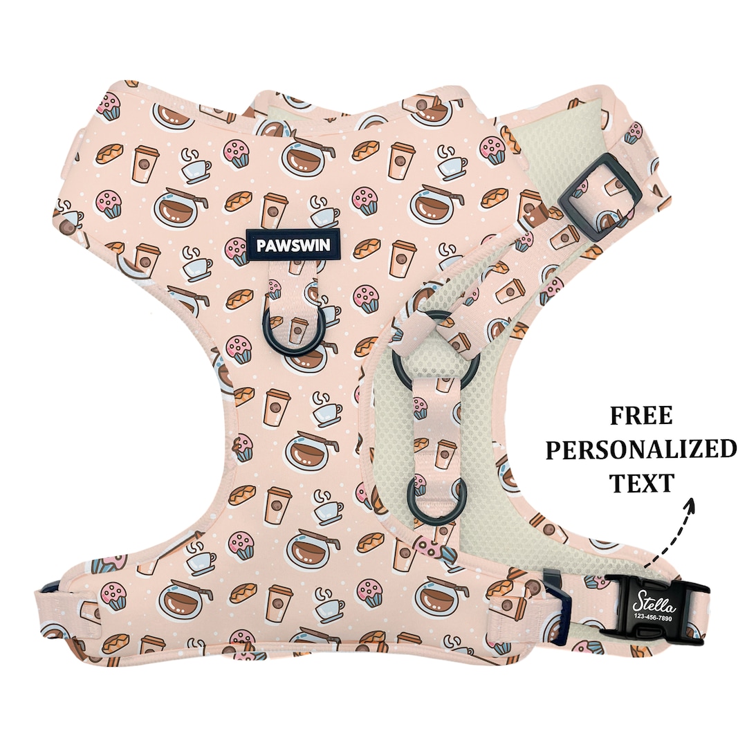 Personalized Dog Harness: Handmade Adjustable Coffee Time Print, Custom ...