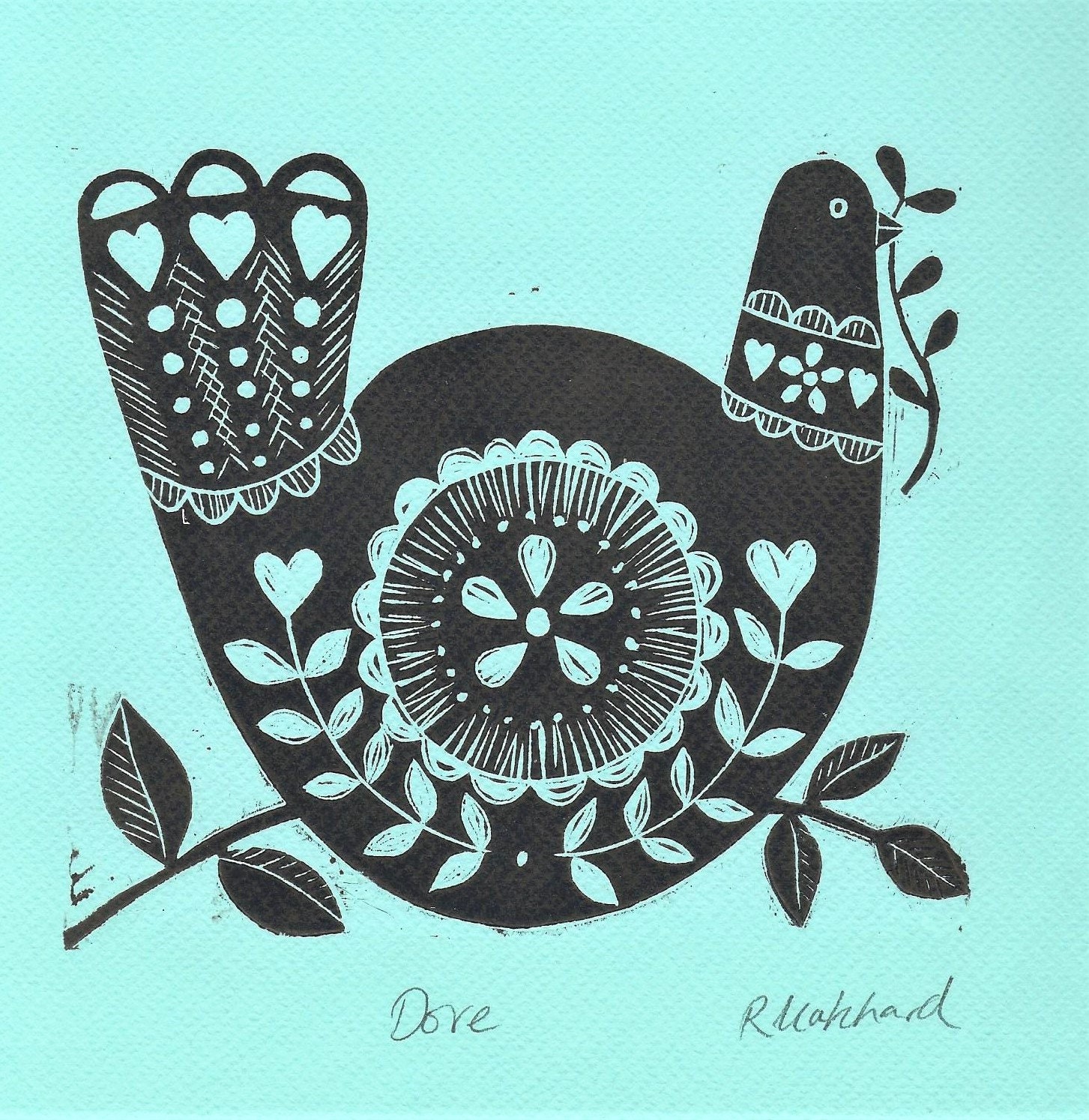 Folk Art Dove Original Lino Print Dark Grey - Etsy