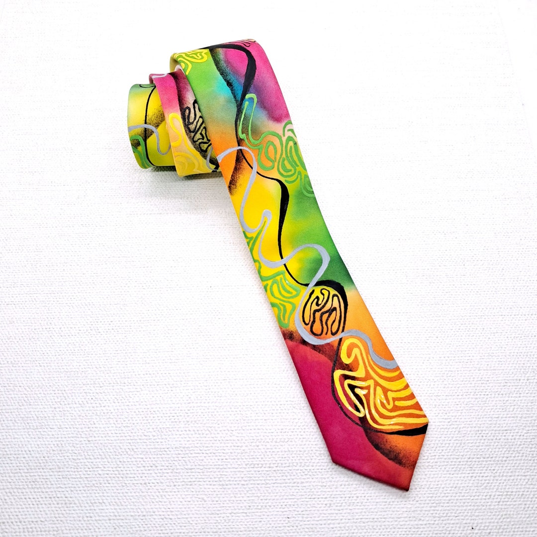 Psychedelic Skinny Tie, Neon Hand Painted Silk Necktie - Etsy