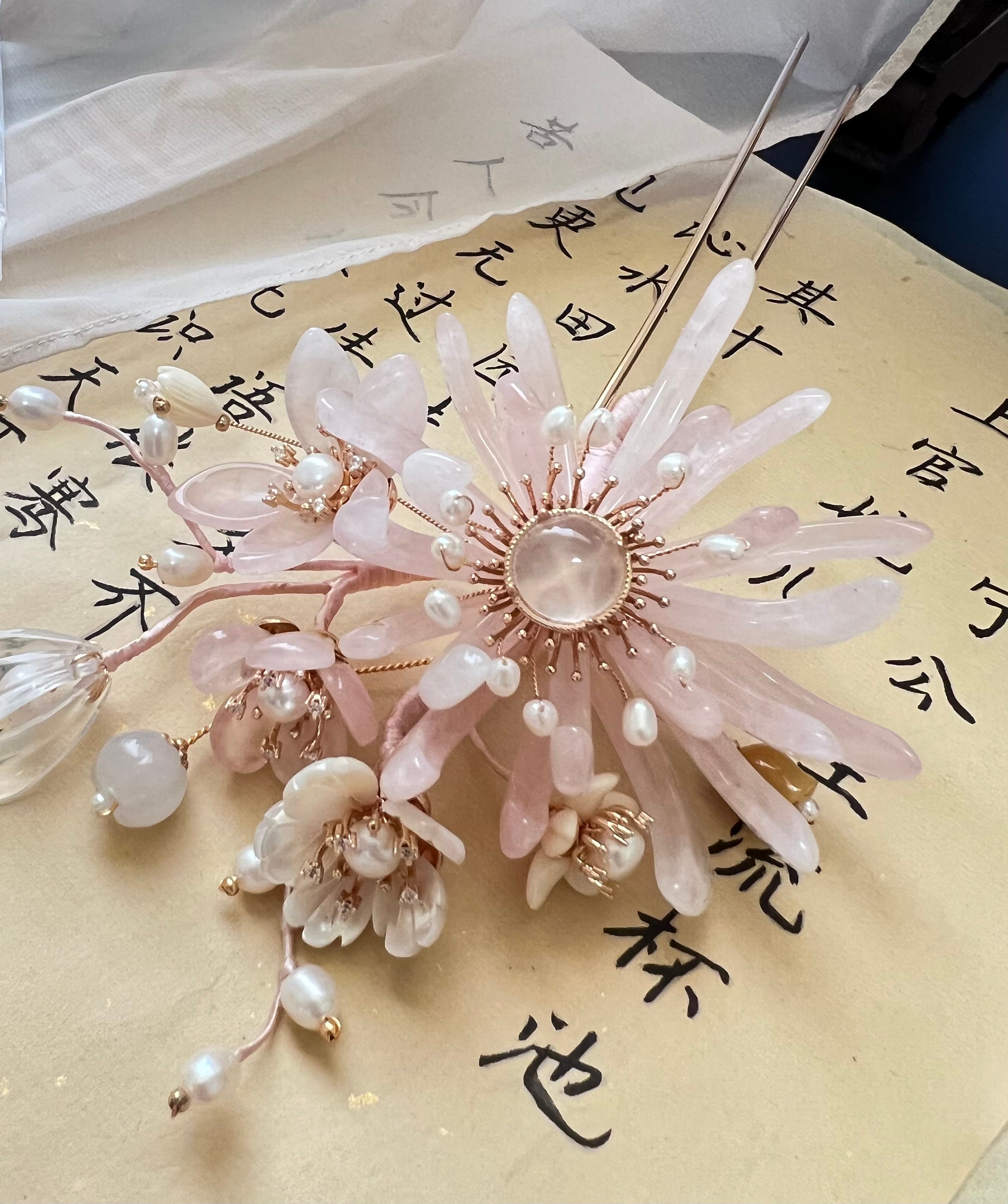 Pink Floral Ancient Chinese Style Hair Pin With REAL Jade Crystal Pearl ...