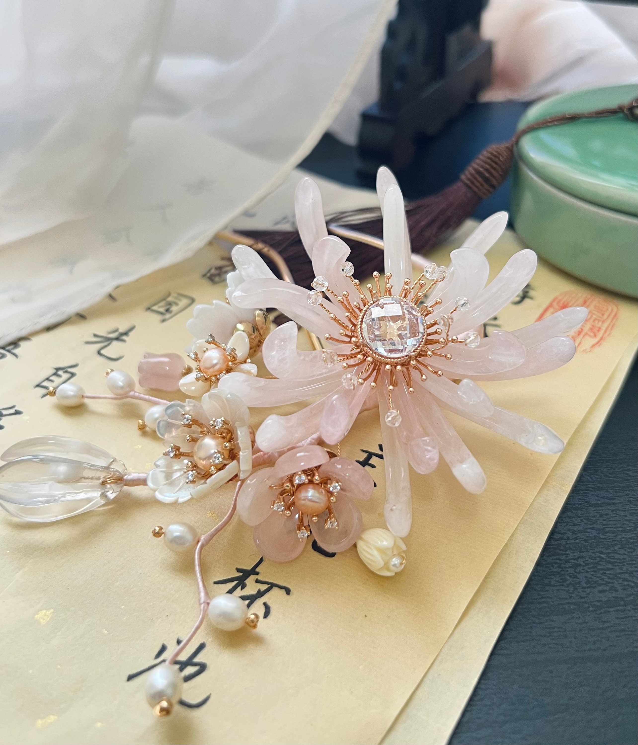 Pink Floral Ancient Chinese Style Hair Pin With REAL Jade Crystal Pearl ...