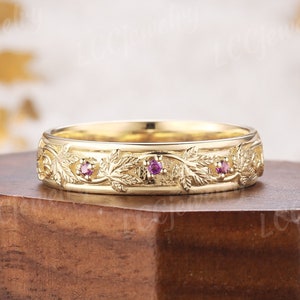 Nature Inspired Grape Leaves Mens Wedding Band Unique Yellow Gold ...