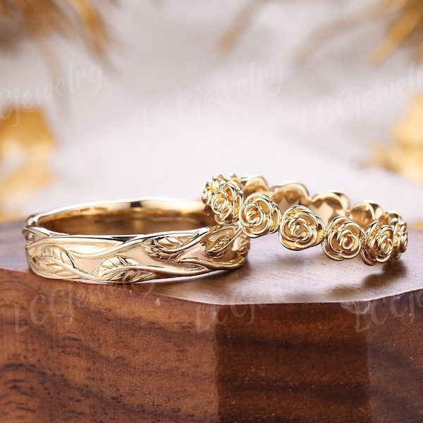 Couples Leaf Wedding Band Set - Etsy