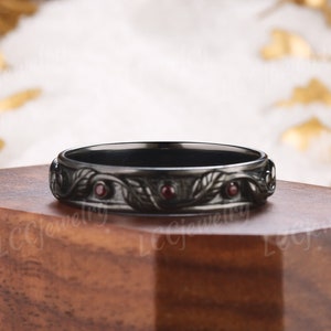 Vintage Ruby Mens Wedding Band Black Gold Nature Inspired Leaf Design ...