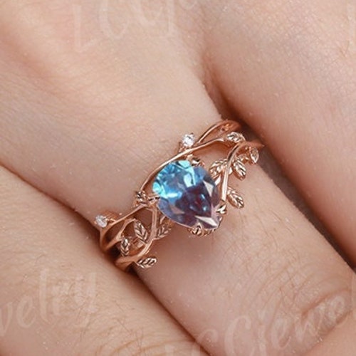 Moissanite Engagement Ring Sets Solid Gold Vintage Unique Leaf - Etsy