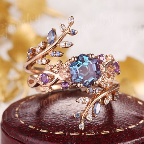 Vintage Alexandrite Engagement Ring Set Women Rose Gold Unique - Etsy