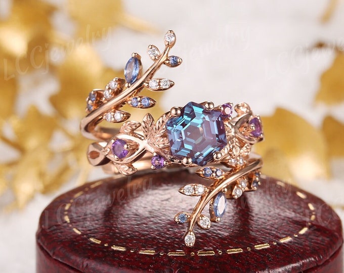 Vintage Alexandrite Floral Engagement Ring Set Rose Gold Alexandrite Wedding Ring Set Leaf ...
