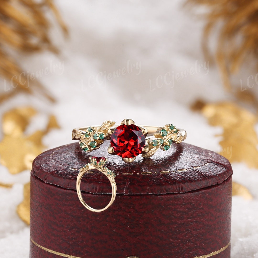 Vintage Round Cut Ruby Floral Design Engagement Ring Nature Inspired ...