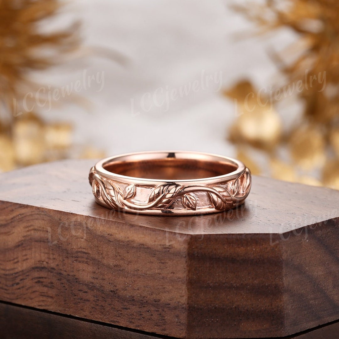 Vintage Rose Gold Mens Rings Wedding Band Nature Inspired Leaf Wedding ...