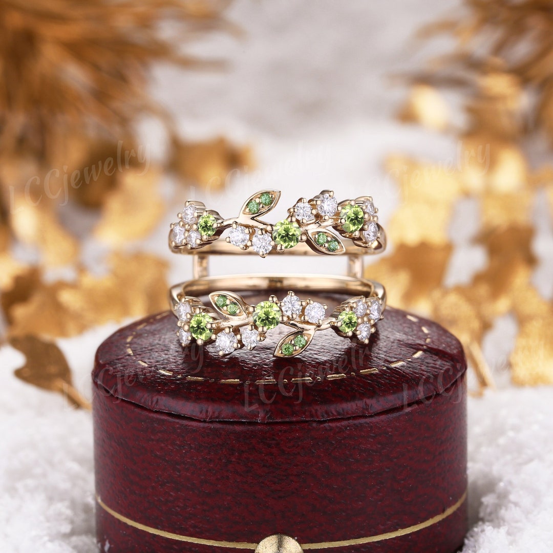 Vintage Peridot Double Curved Wedding Band Unique Diamond Ring Enhancer ...