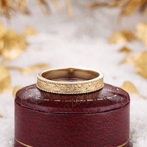 Nature Inspired Leaf Design Mens Wedding Band Unique Yellow Gold Unisex ...