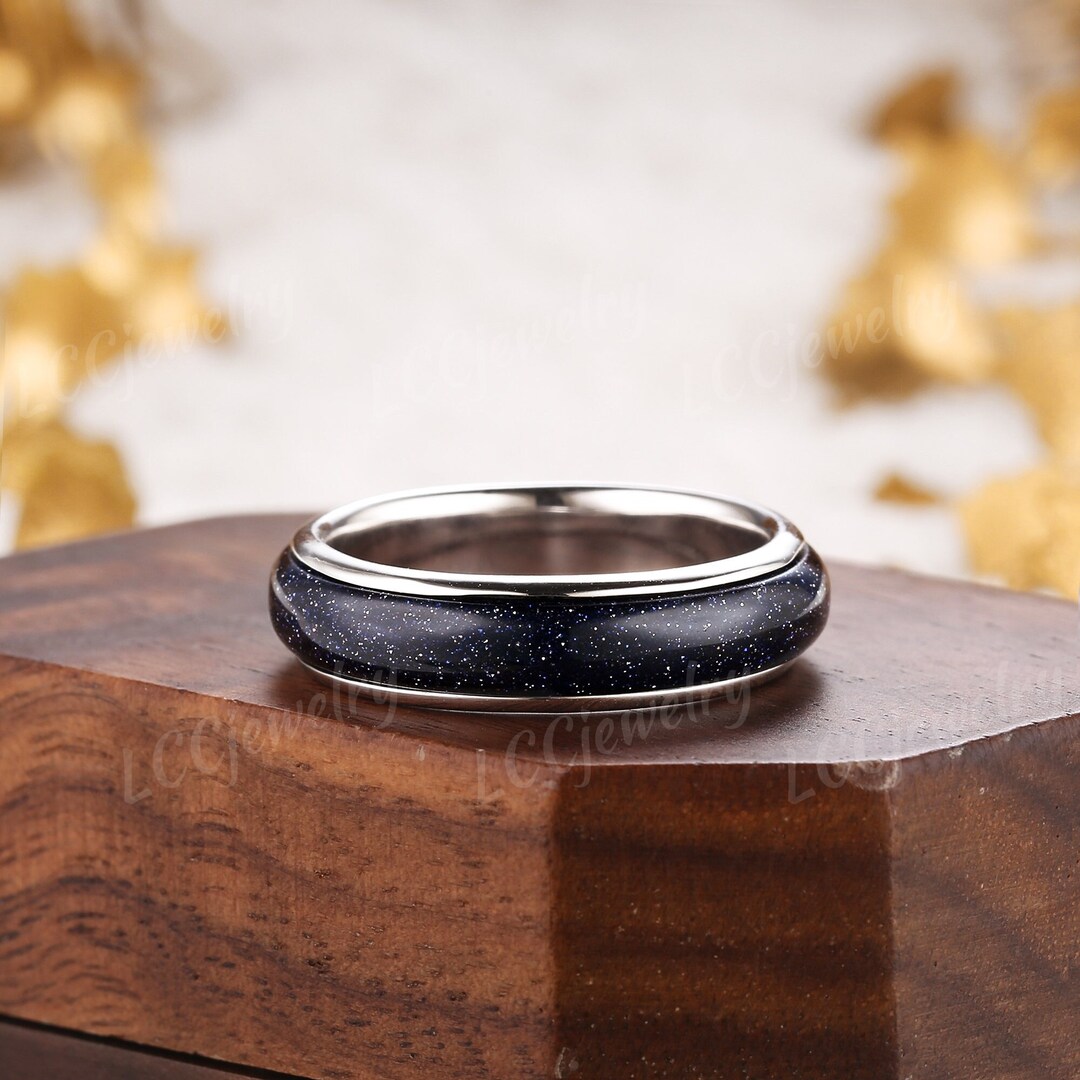 Vintage White Gold Blue Sandstone Wedding Band Unique Nebula Ring Outer ...