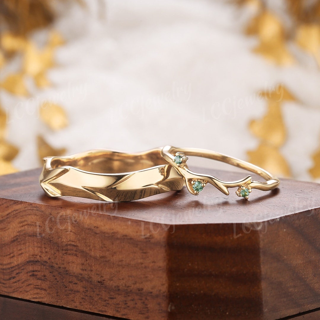 2pcs Branch Couple Rings Set for Men and Women, Yellow Gold His and ...