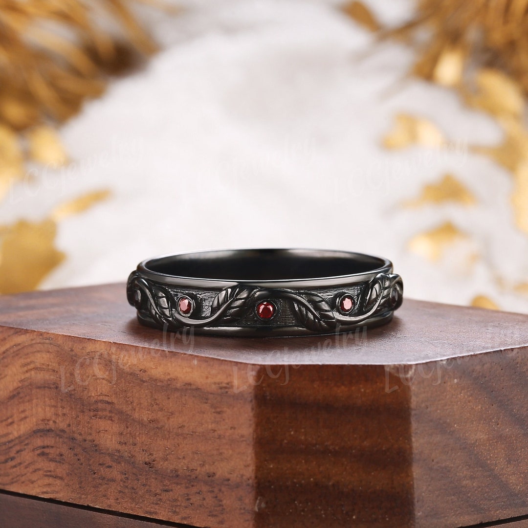 Vintage Ruby Mens Wedding Band Black Gold Nature Inspired Leaf Design ...