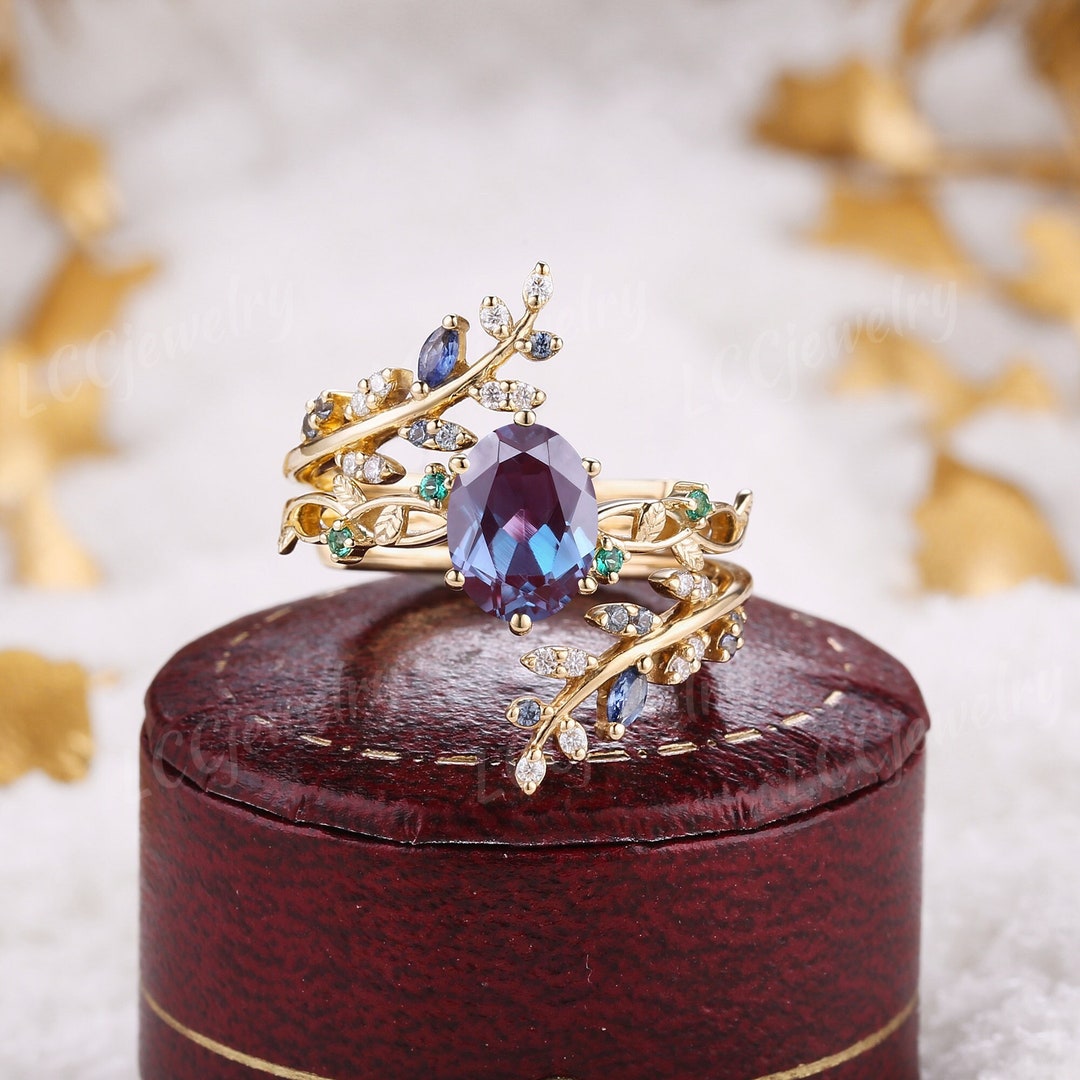 Vintage Alexandrite Engagement Ring Set Leaf Branch Vine - Etsy