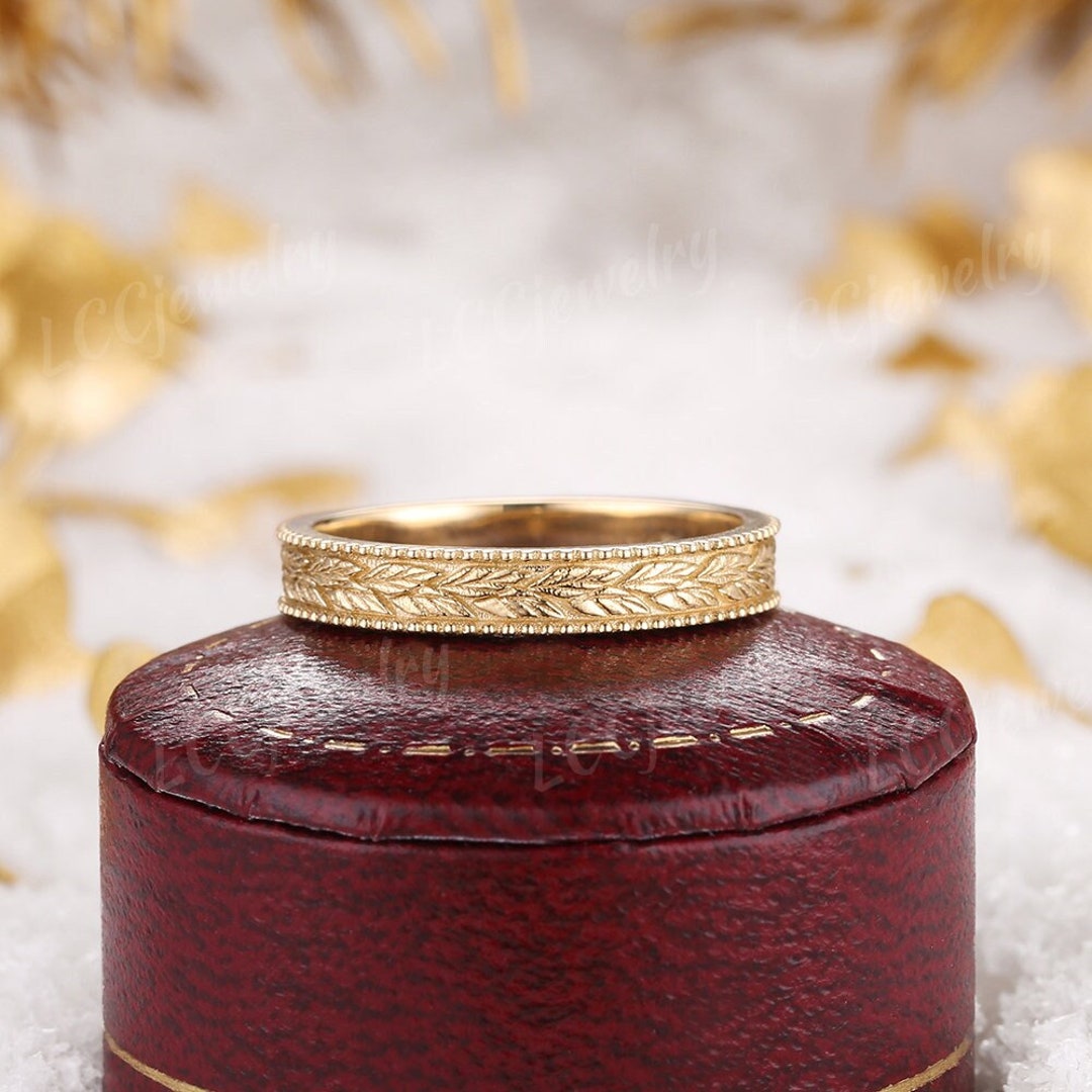 Nature Inspired Leaf Design Mens Wedding Band Unique Yellow Gold Unisex ...