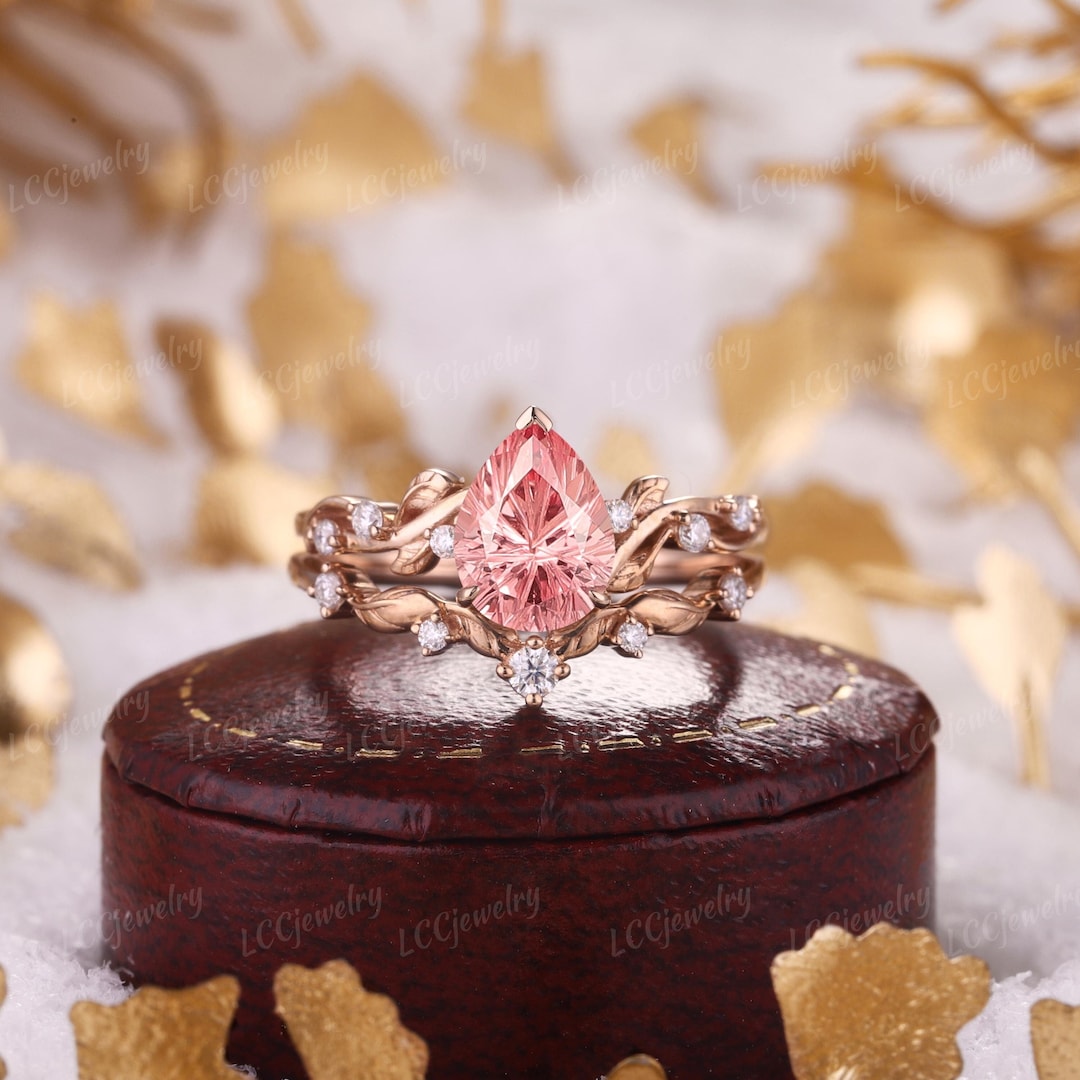 Unique Fireworks Cut Peach Sapphire Leaf Engagement Ring Set Rose Gold ...