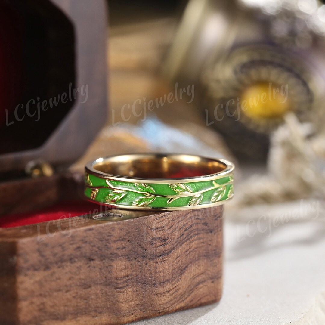 Nature Inspired Leaf Green Enamel Straight Wedding Band Vintage Yellow ...