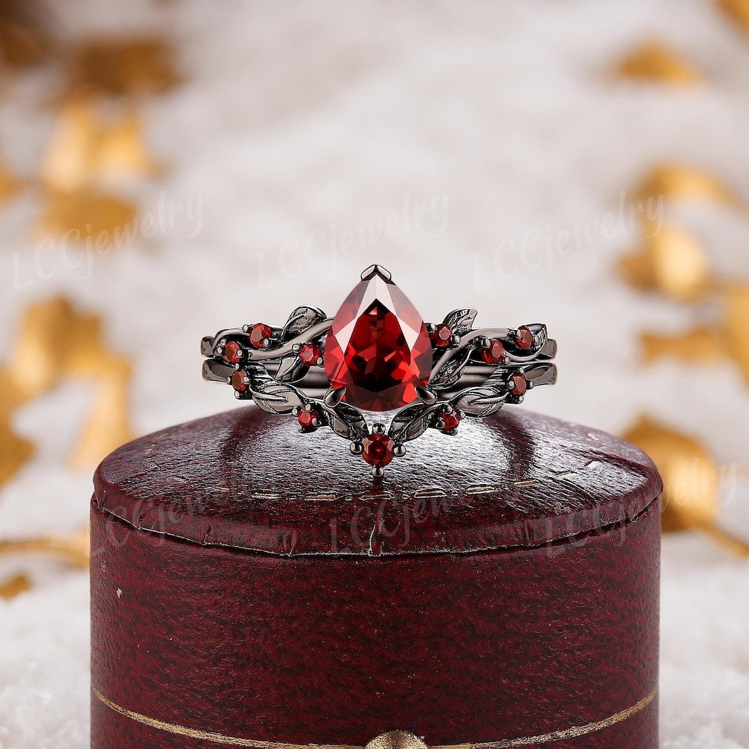 Vintage Vampire Ruby Engagement Ring Set Leaf Branch Design Wedding ...