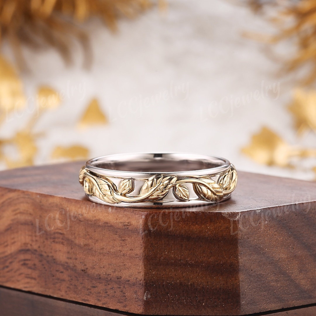Unique Two Tone Mens Leaf Wedding Band Full Eternity Nature Inspired ...