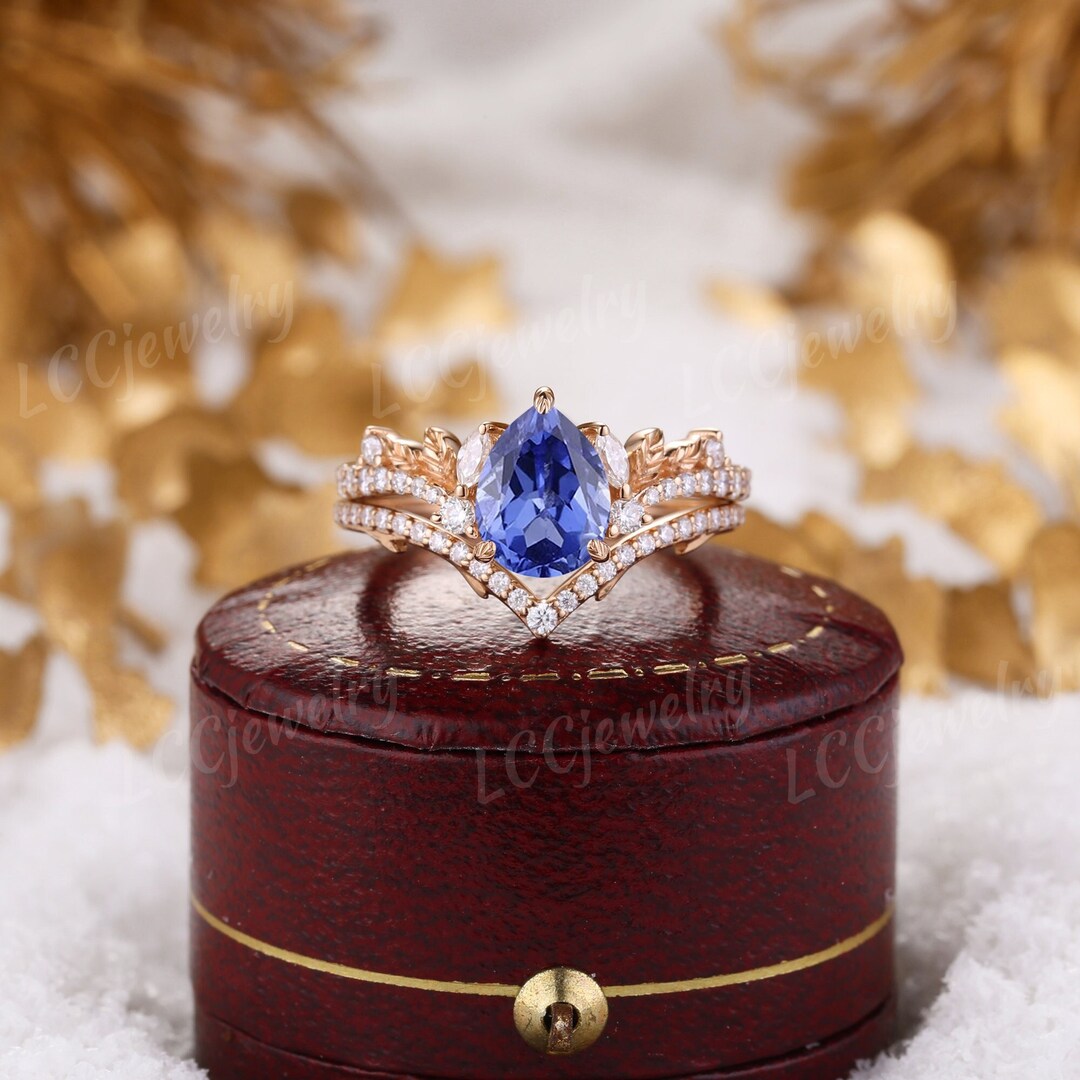 Unique Cornflower Sapphire Leaf Wedding Ring Set Rose Gold Moissanite ...
