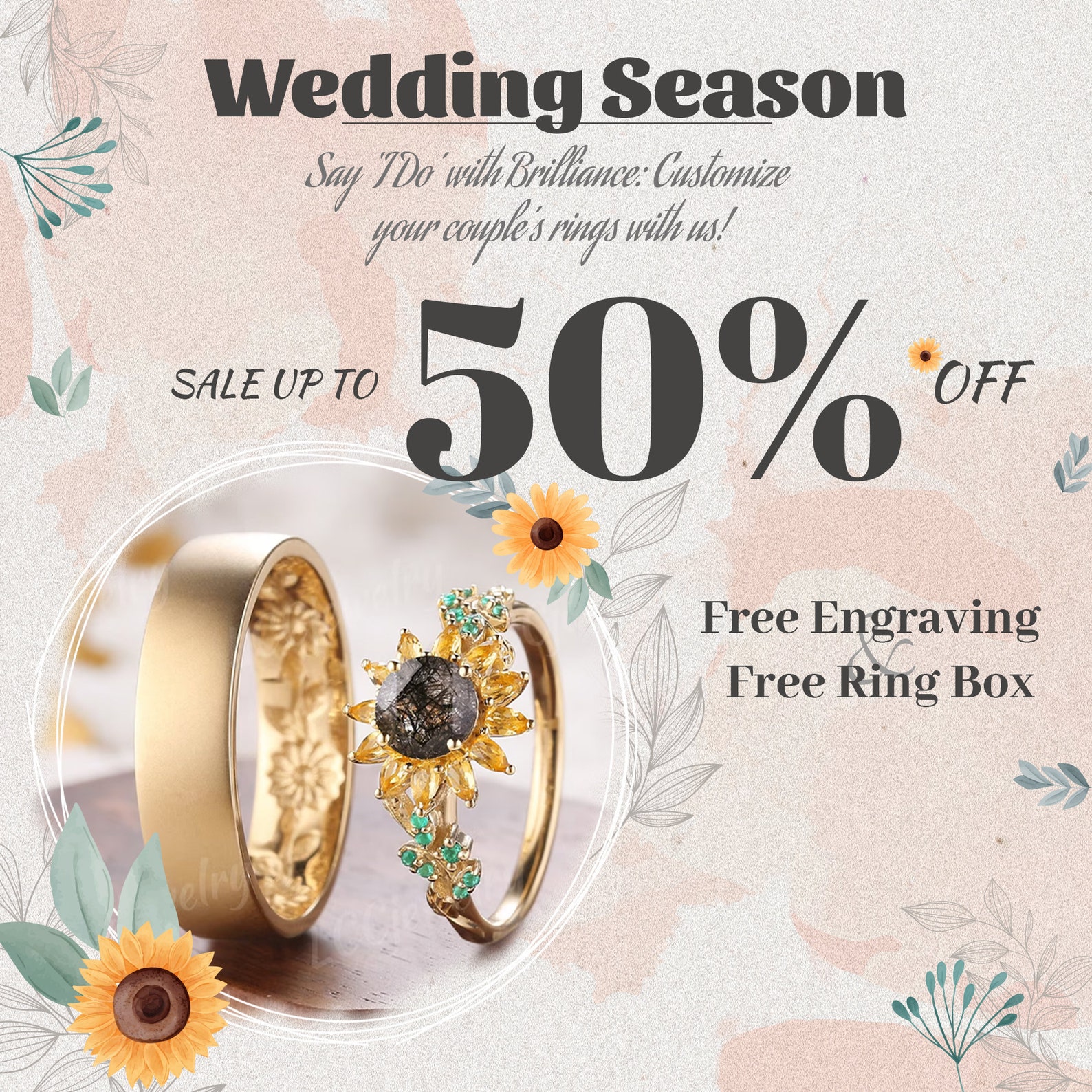 2pcs Nature Inspired Grape Leaf Design Couple Rings Set Yellow Gold ...