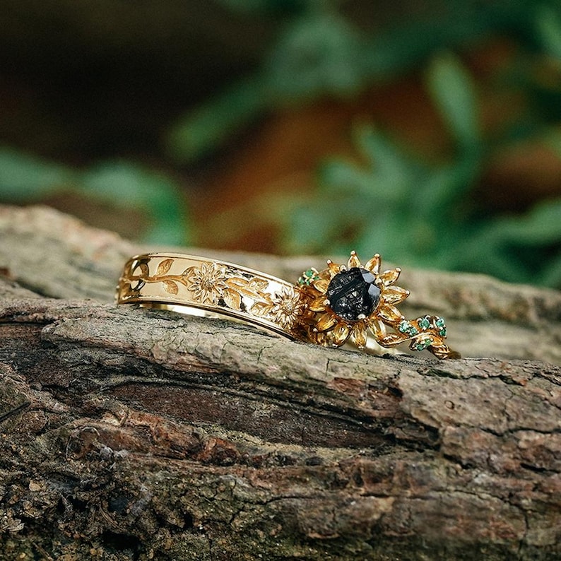 2pc Sunflower Design Couple Rings Black Rutilated Quartz Engagement ...