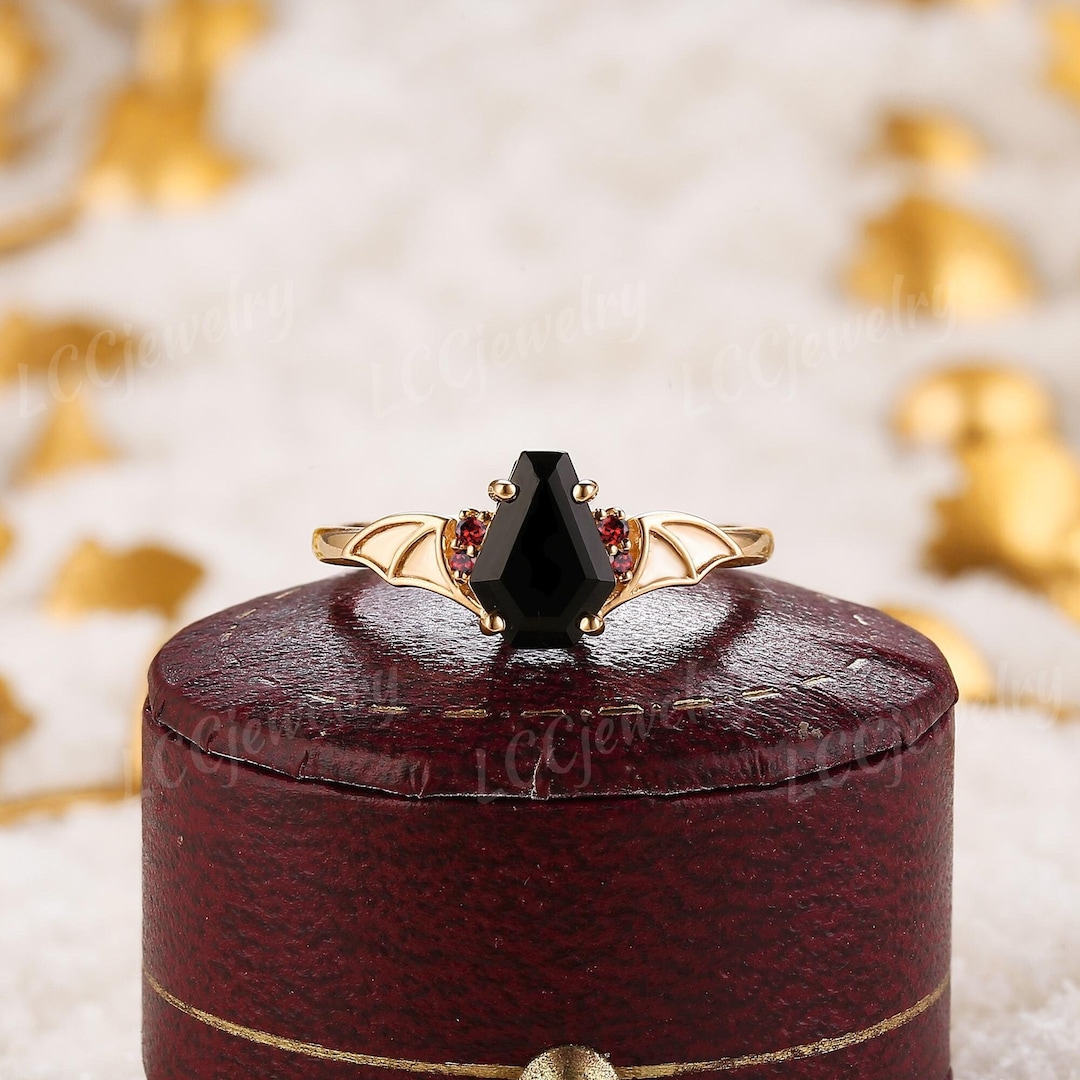Bat Design Coffin Cut Black Onyx Gothic Engagement Ring Yellow Gold ...