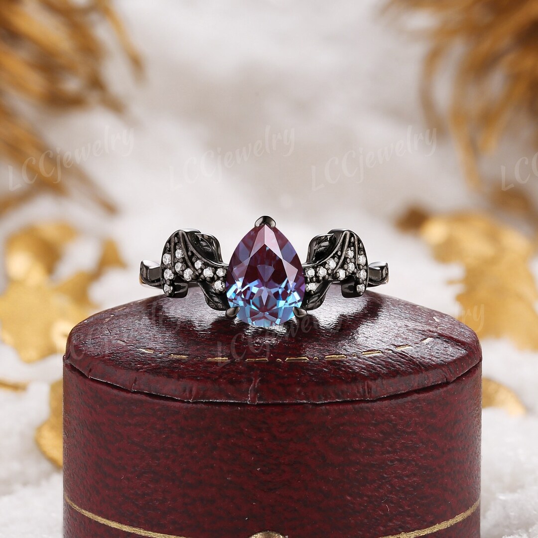 Unique Bat Wing Design Alexandrite Engagement Ring Black Gold Gothic ...