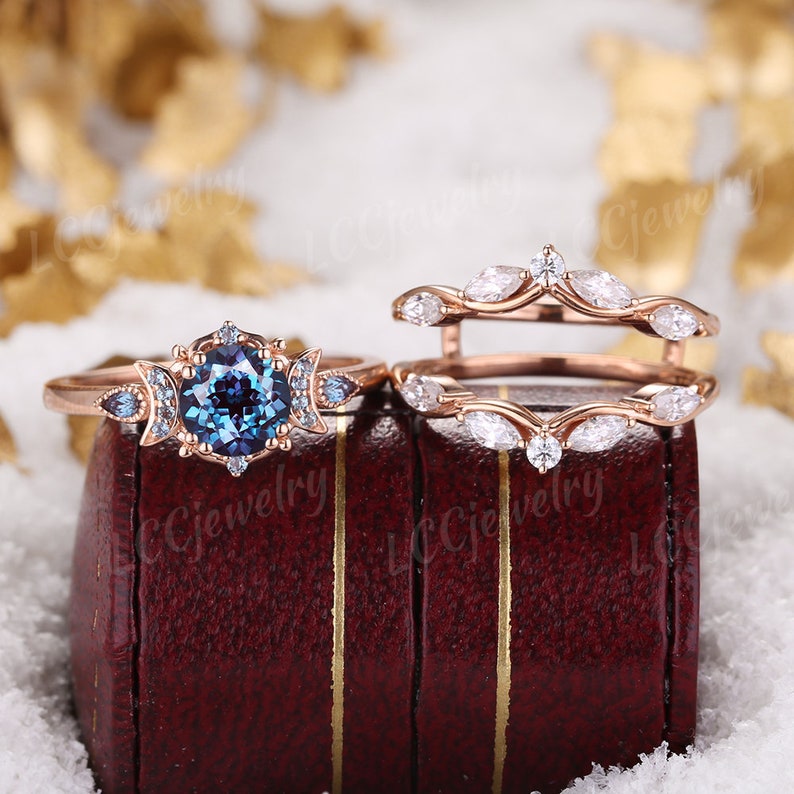 Vintage Alexandrite Wedding Ring Set Rose Gold Alexandrite - Etsy