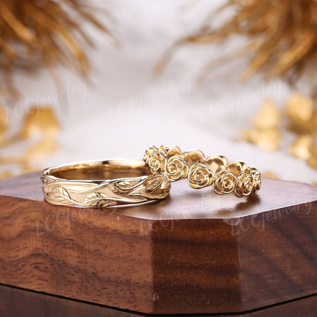 Leaf Floral Couple Rings Set Leaf Branch Vines Design Wedding Band Mens ...