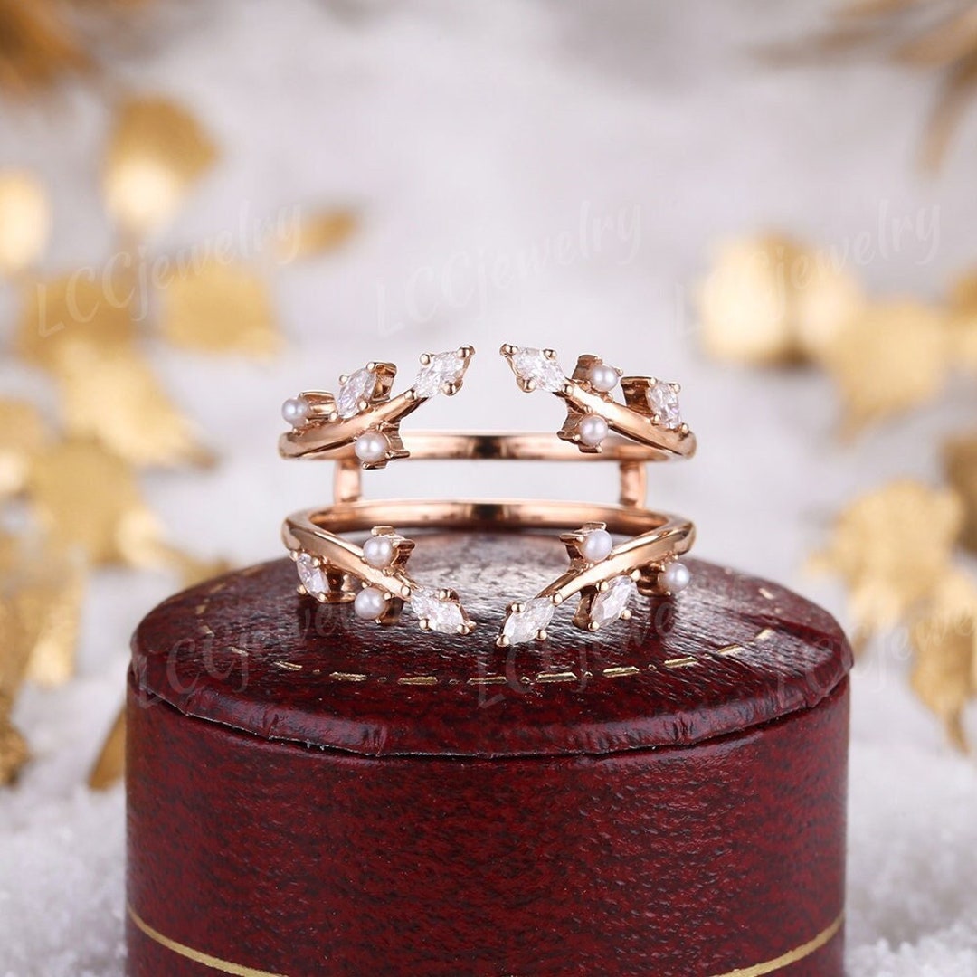 Unique Moissanite Ring Enhancer Rose Gold Double Curved Pearl Wedding ...