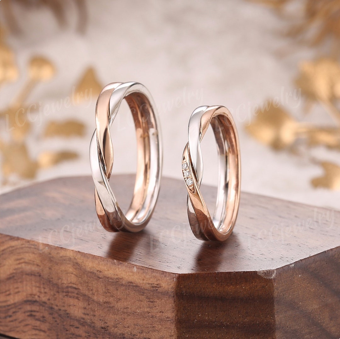 2pcs Two Tone Twisted Couple Rings Set Mens Wedding Band Moissanite ...