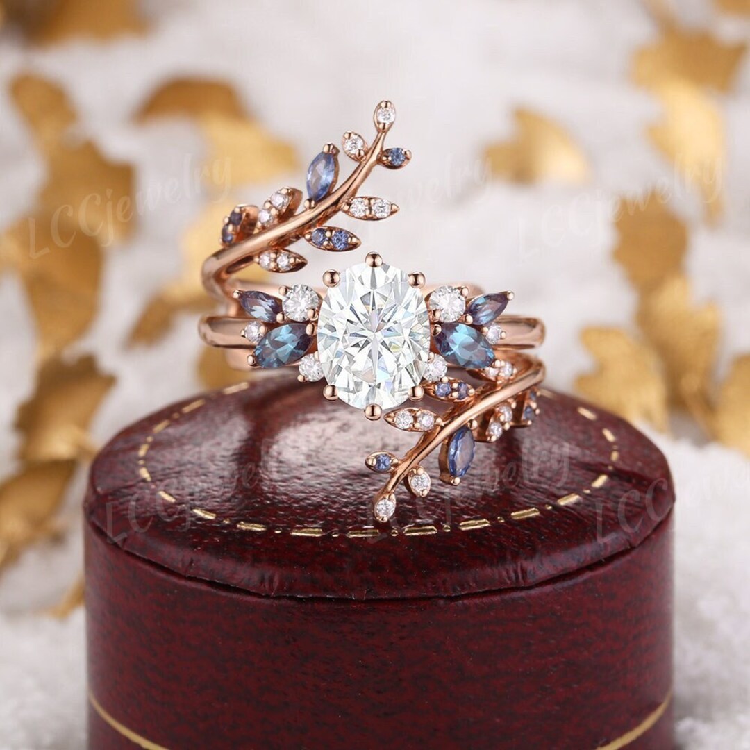 Antique Moissanite Wedding Ring Set Alexandrite Cluster Floral ...