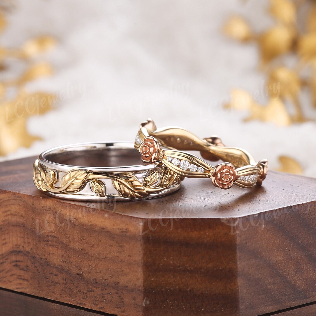 2pcs Two Tone Leaf Floral Couple Rings Set Nature Inspired Mens Wedding ...