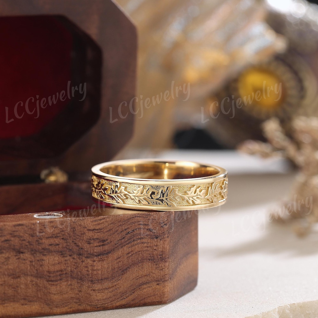 5mm Unique Yellow Gold Oak Leaf Mens Wedding Band Nature Inspired Tree ...