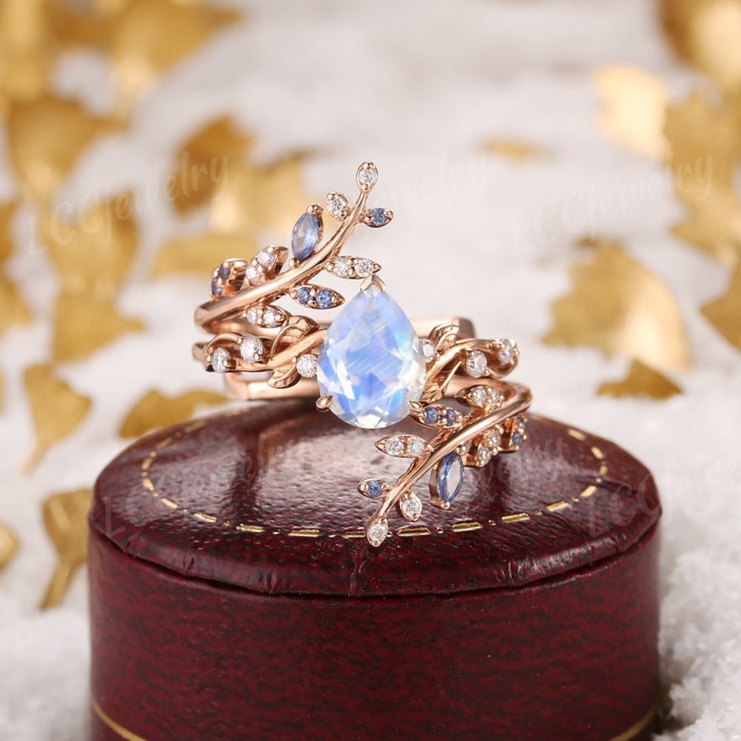 Unique Moonstone Engagement Ring Set Leaf Floral Blue Moonstone Wedding Rings Rose Gold Diamond ...