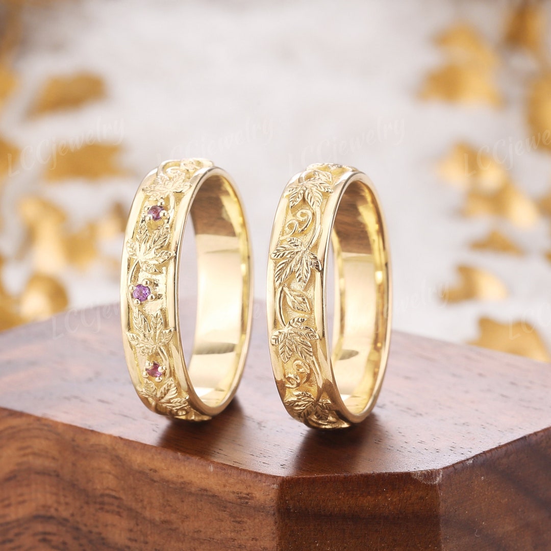 2pc His and Hers Gold Couple Ring Nature Inspired Grape Leaves Wedding ...