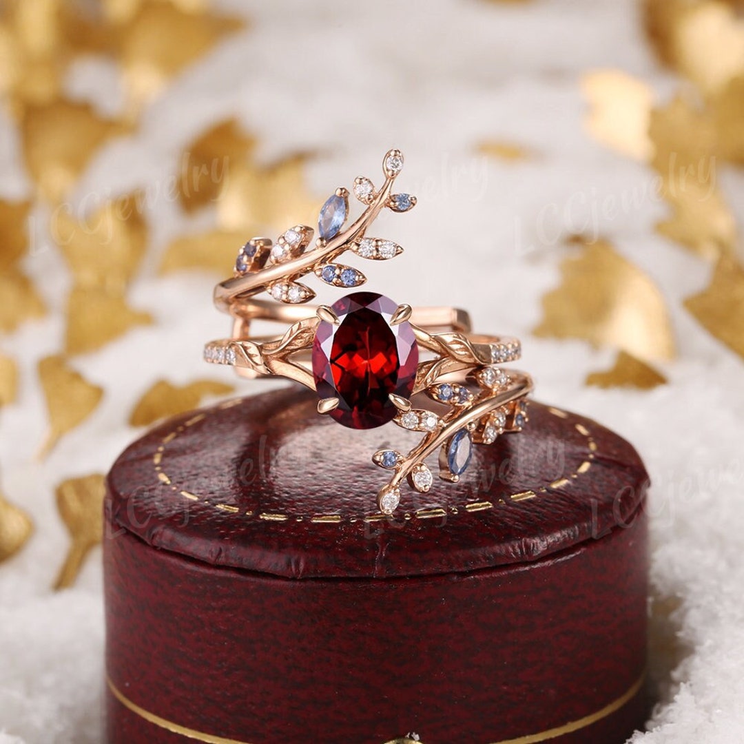 Vintage Oval Ruby Leaf Floral Engagement Ring Set Rose Gold Diamond and Sapphire Enhancer ...