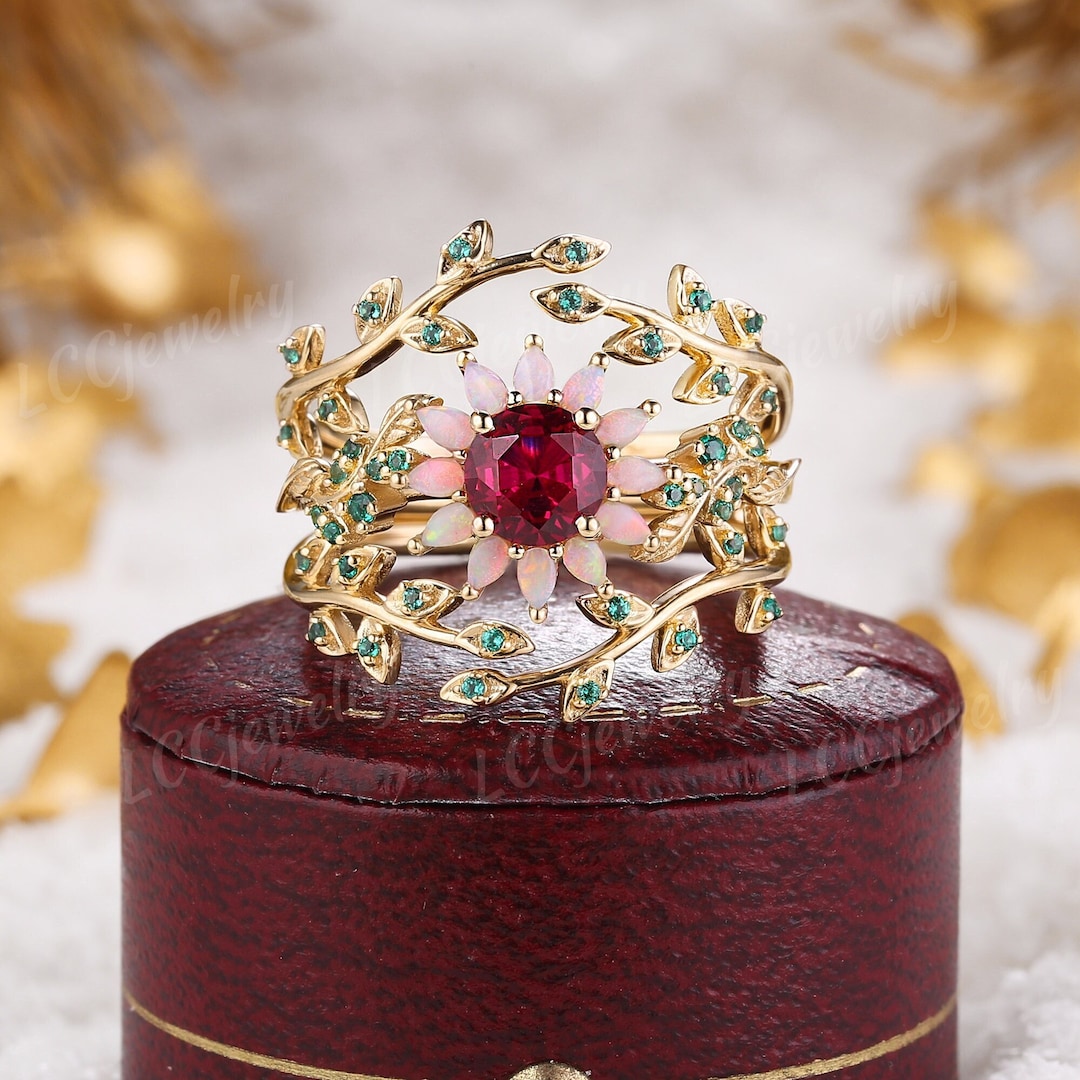 Vintage Ruby Floral Engagement Ring Set Yellow Gold Sunflower Inspired ...