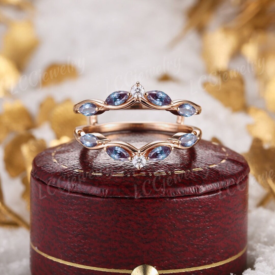 Vintage Marquise Alexandrite Double Curved Wedding Band Unique Diamond ...