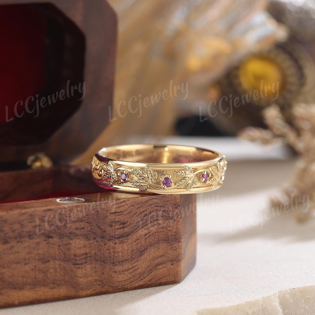 Nature Inspired Grape Leaves Mens Wedding Band Unique Yellow Gold ...
